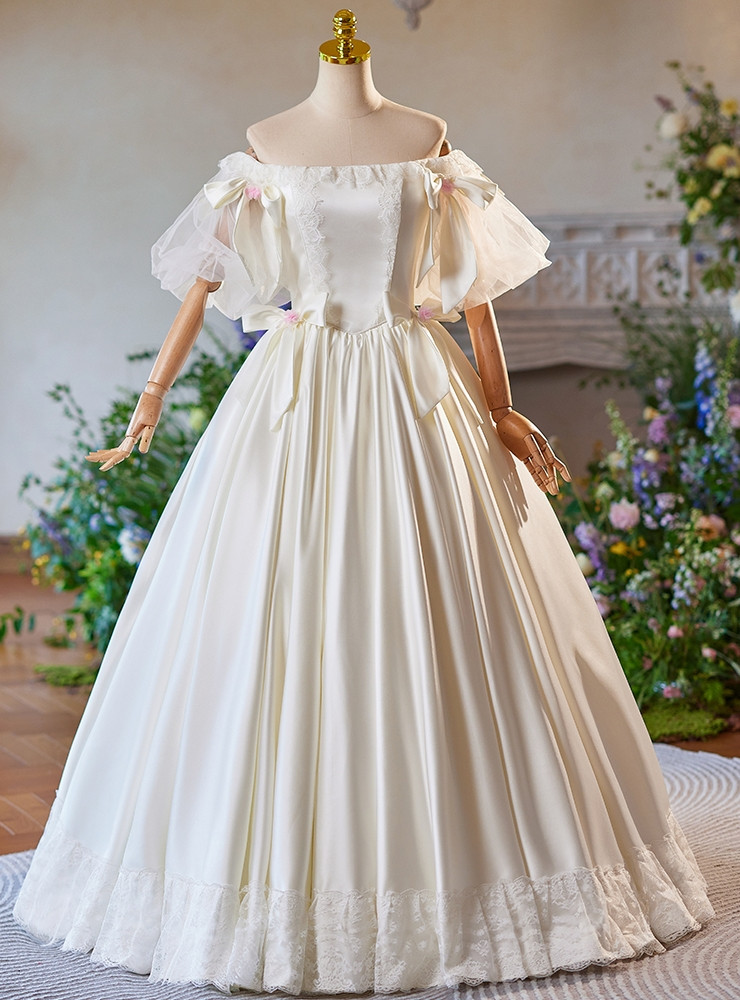 White Satin Off the Shoulder Puff Sleeve Pleats Wedding Dress