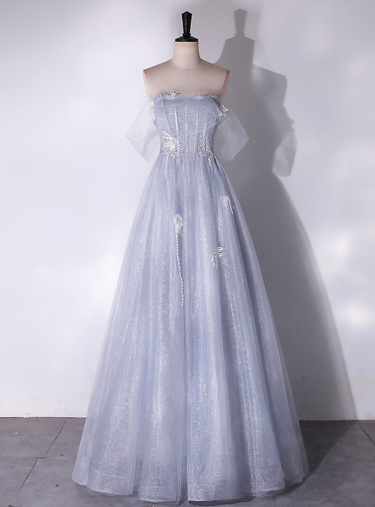 Gray Blue Tulle Sequins Appliques Beading Prom Dress