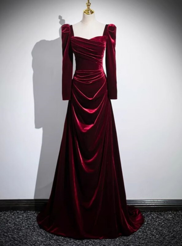 Burgundy Velvet Long Sleeve Pleats Square Neck Prom Dress