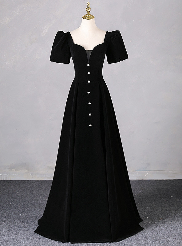 Black Velvet Short Sleeve Pearls Square Neck Prom Dress