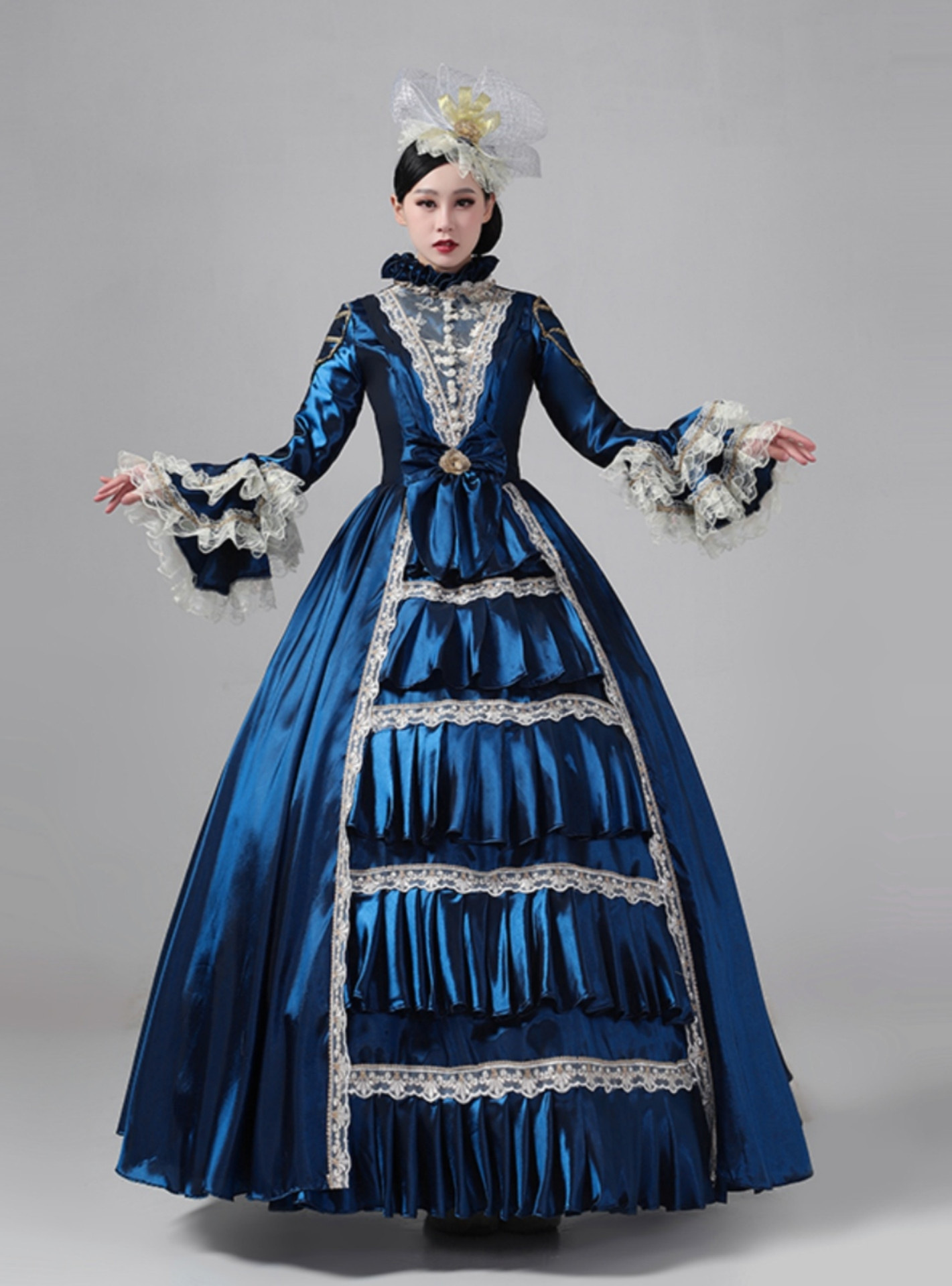 Navy Blue Satin Long Sleeve Bow Rococo Vintage Victorian Dress