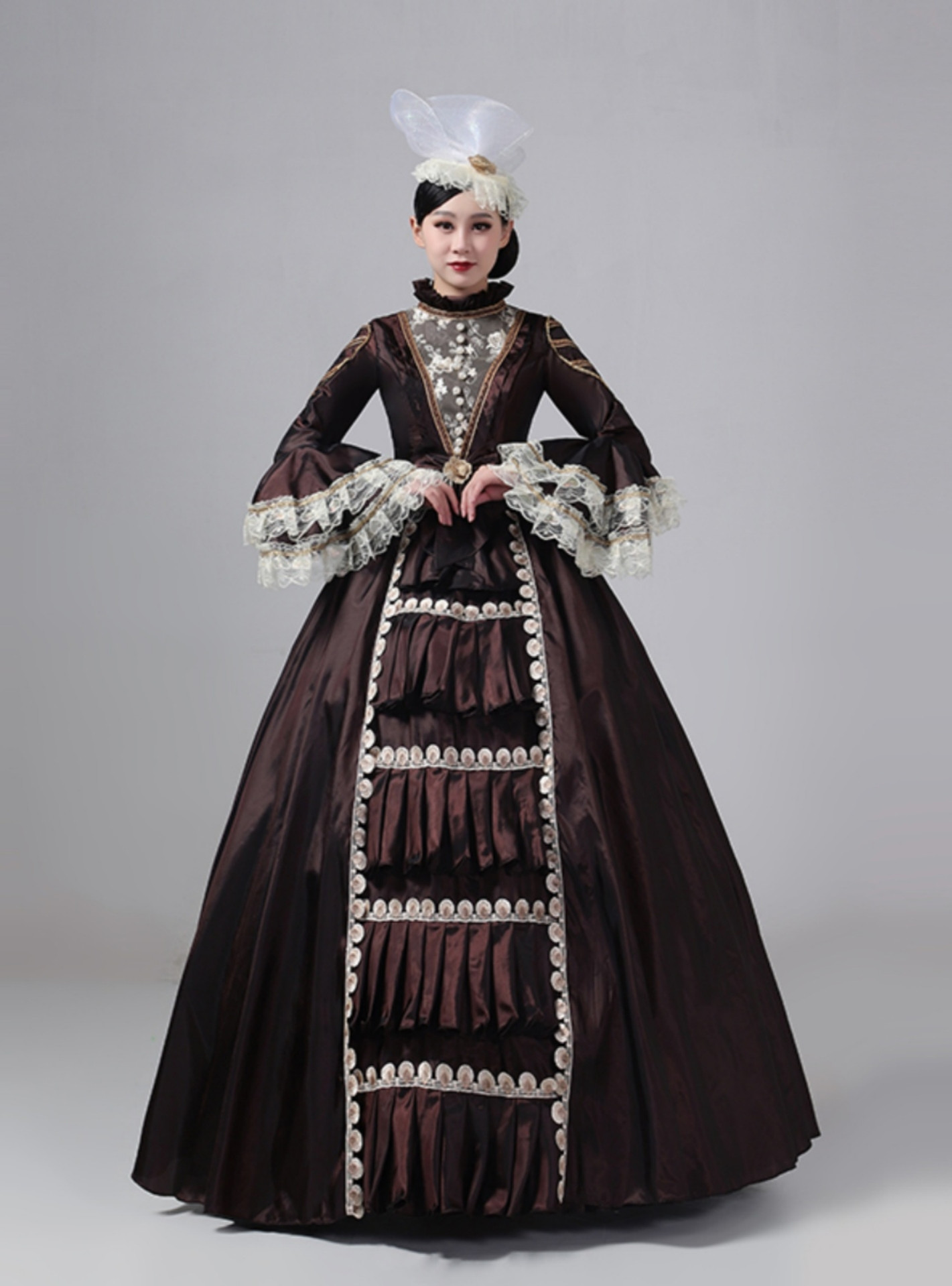 Brown Satin Long Sleeve Lace Rococo Vintage Dress