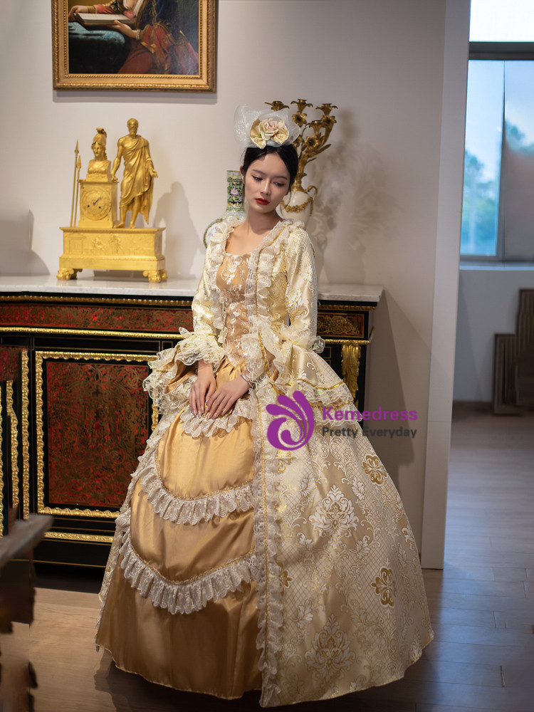 Gold Long Sleeve Lace Rococo Baroque Vintage Dress