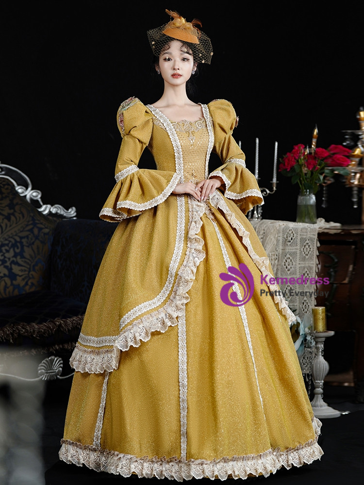 Yellow Long Sleeve Lace Rococo Vintage Dress