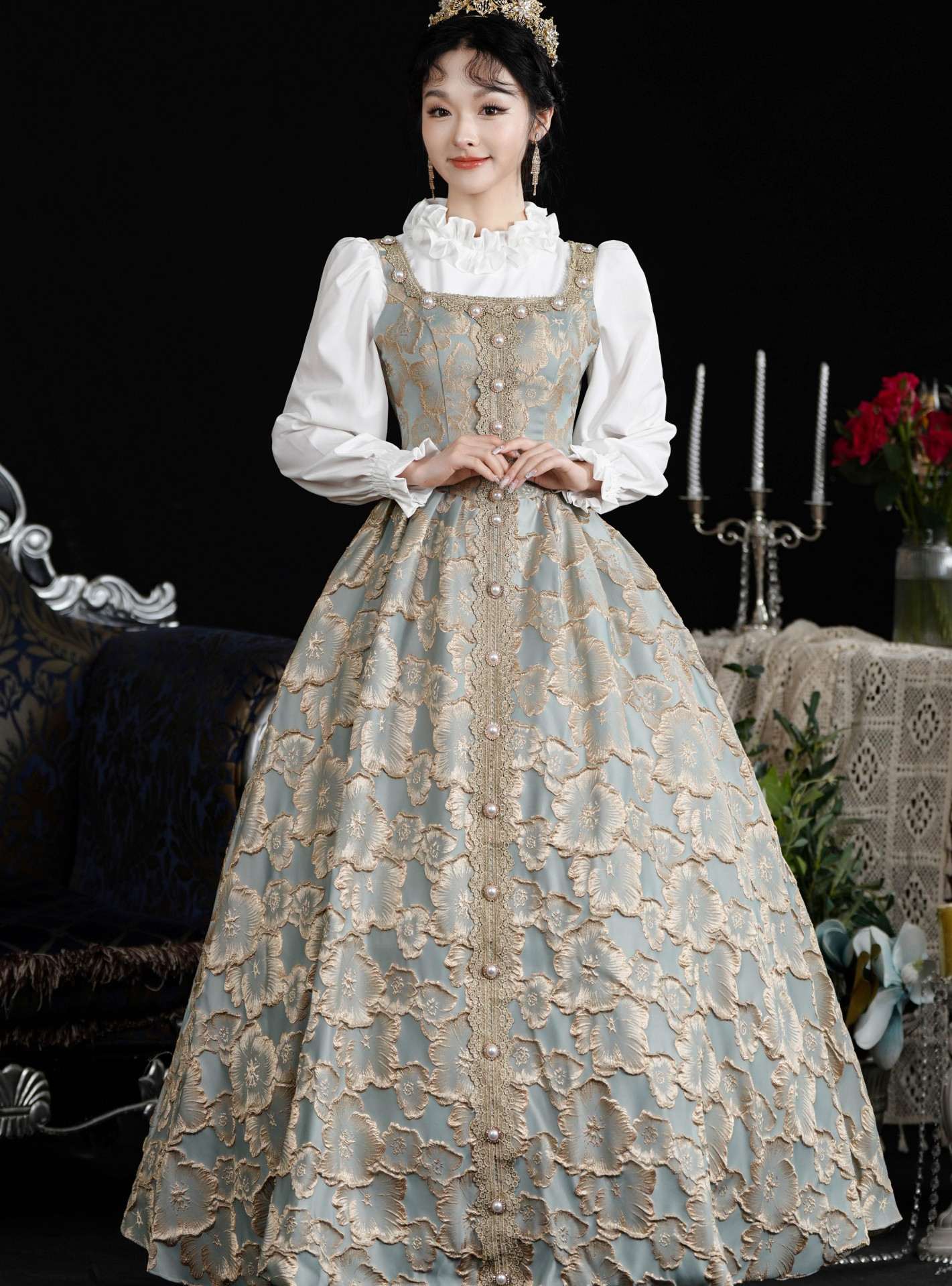 Blue Long Sleeve Retro Jacquard Palace Dress