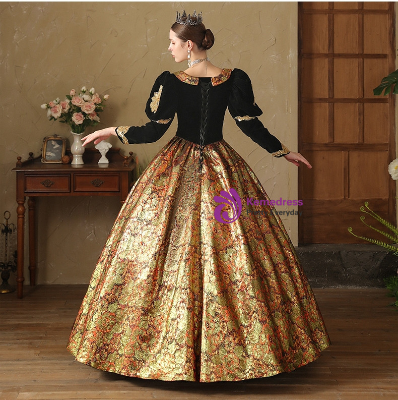 Coffee Long Sleeve Black Velvet Rococo Baroque Dress