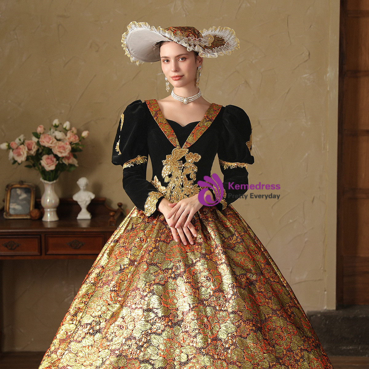 Coffee Long Sleeve Black Velvet Rococo Baroque Dress
