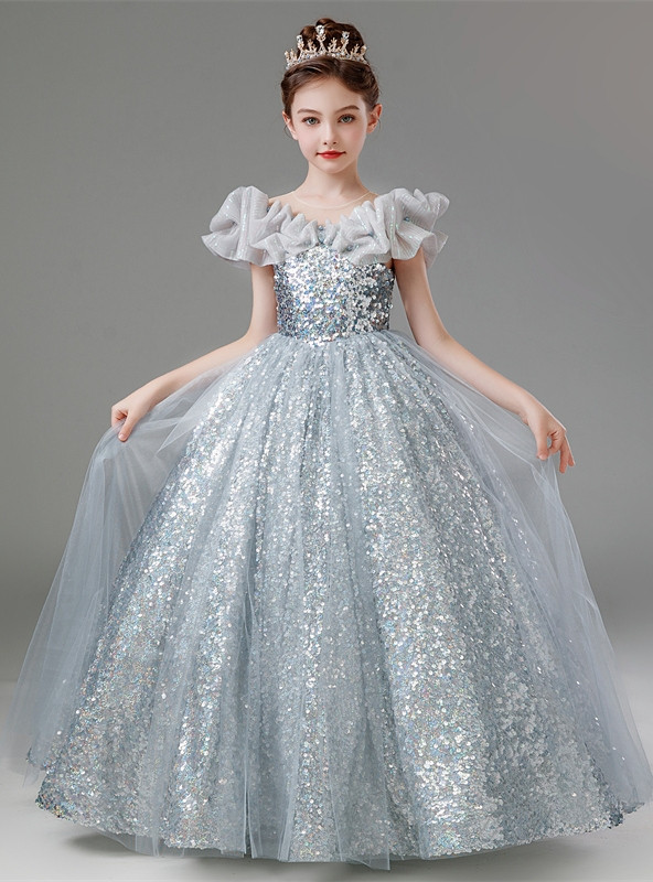 A-Line Gray Sequins Tulle Flower Girl Dress