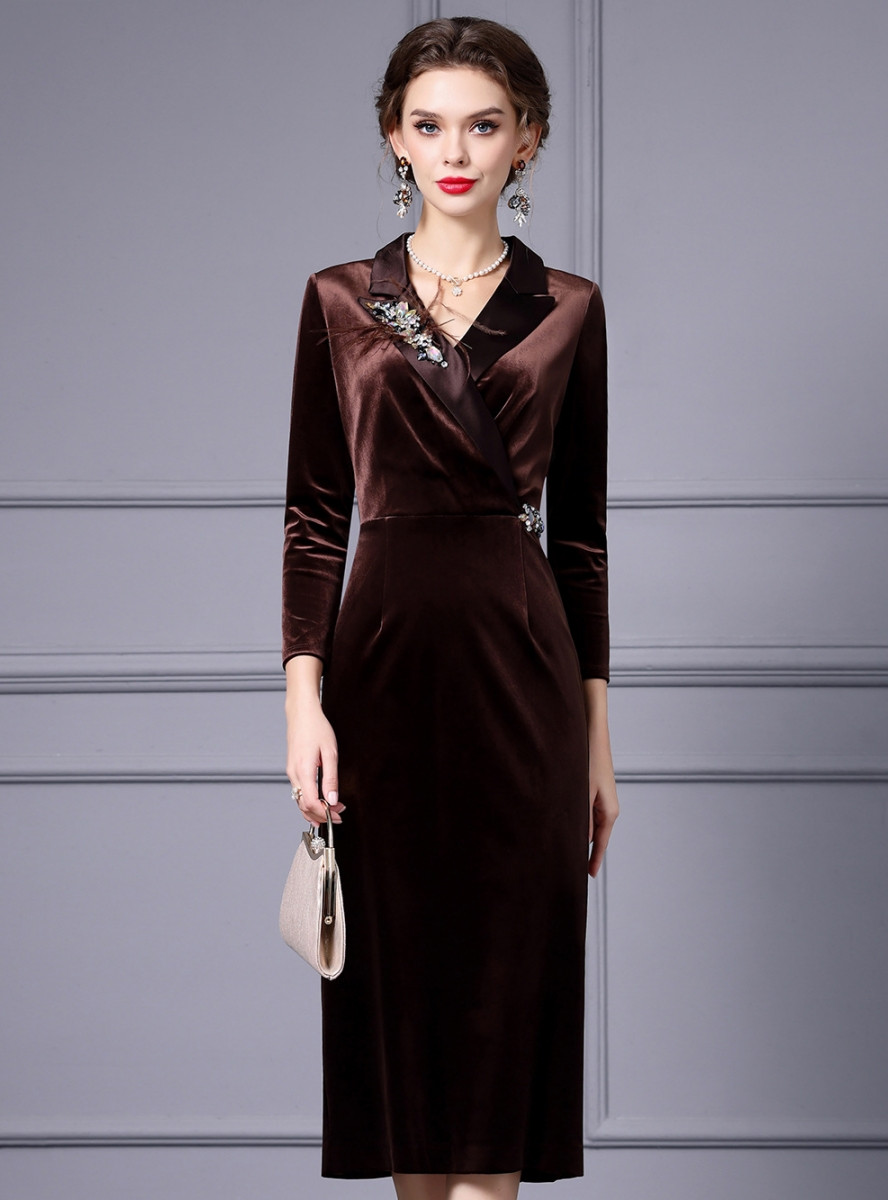 Brown Velvet Long Sleeve Crystal Mother Of The Bride Dress
