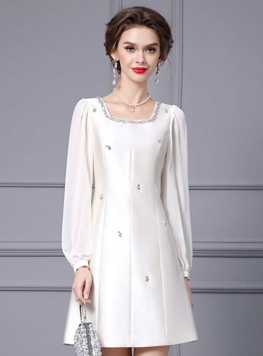White Satin Long Sleeve Crystal Mother Of The Bride Dress