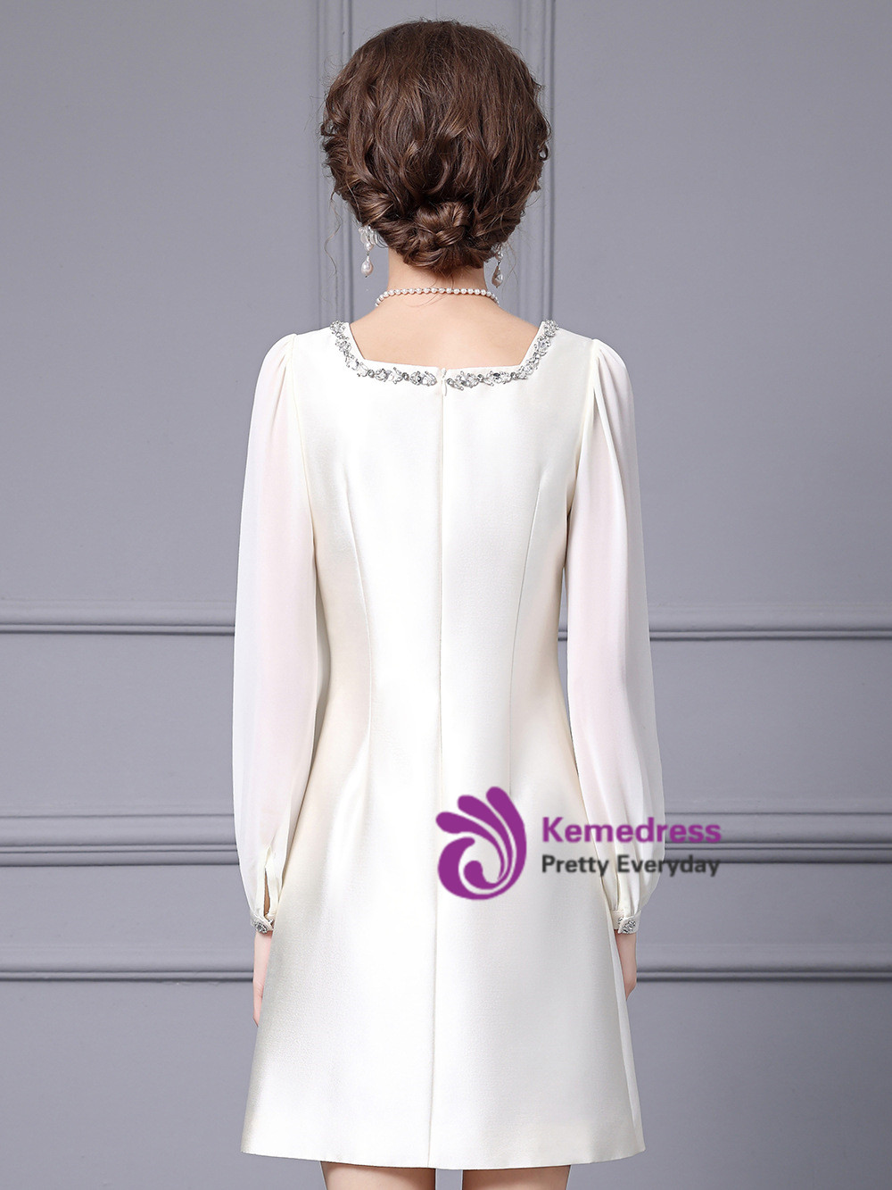 White Satin Long Sleeve Crystal Mother Of The Bride Dress