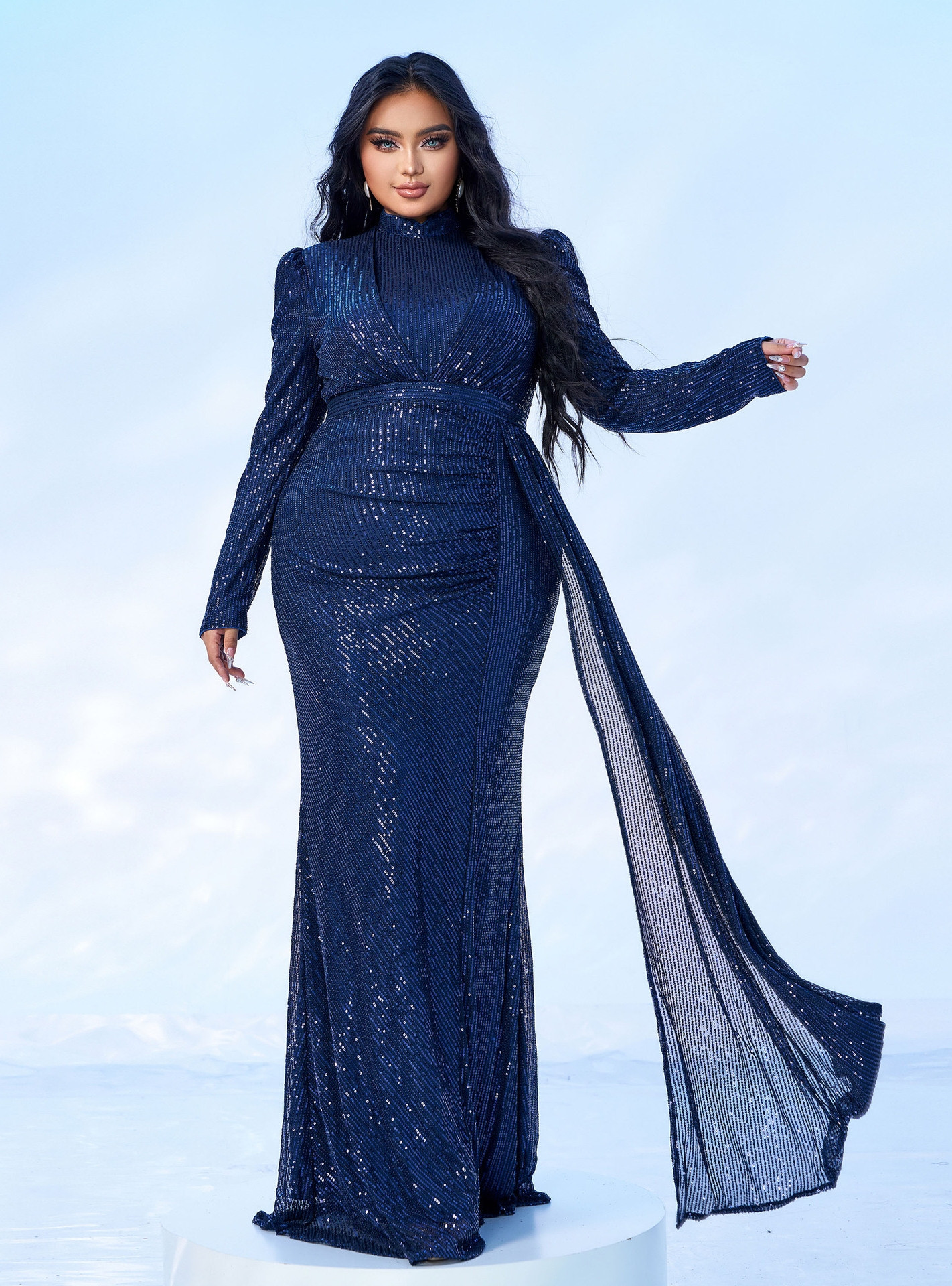 Plus Size Navy Blue Chiffon Long Sleeve Prom Dress