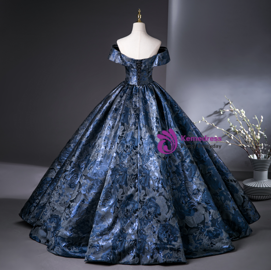 Navy Blue Print Off the Shoulder Crystal Quinceanera Dress