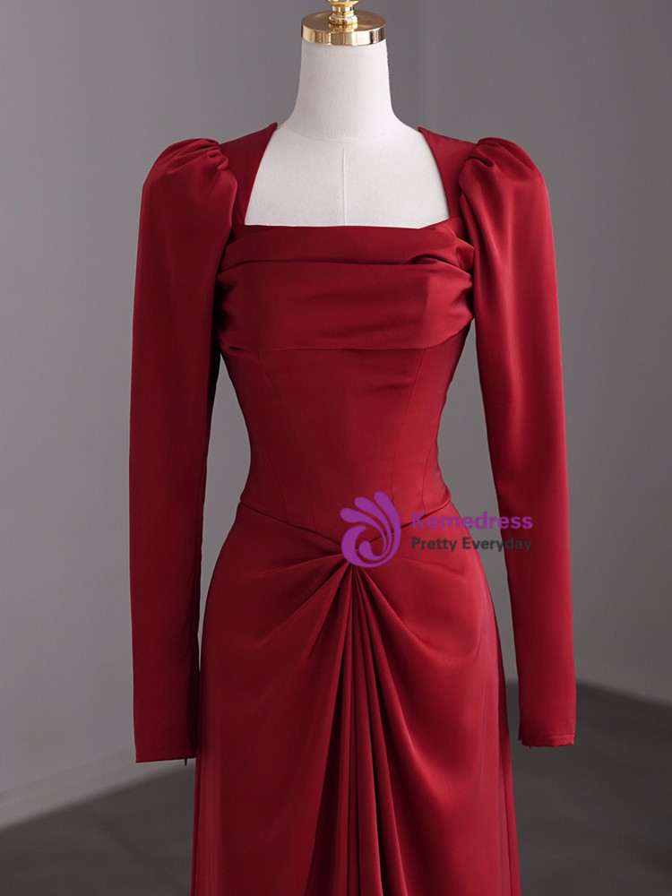 Burgundy Long Sleeve Square Neck Pleats Prom Dress