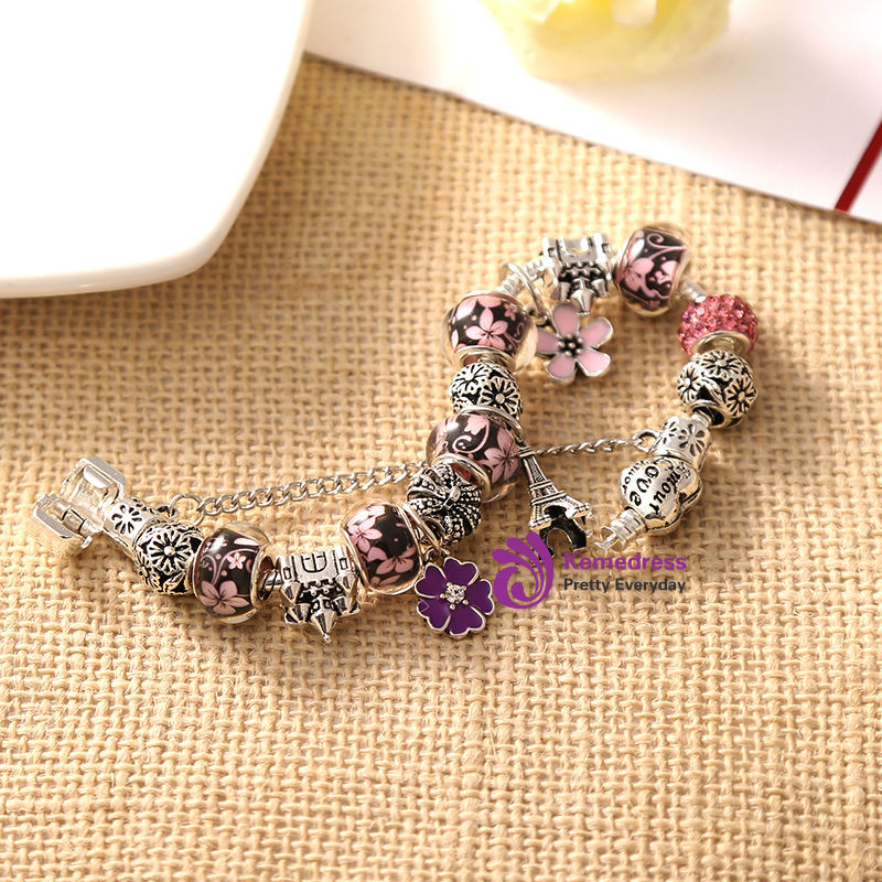 Silver Color Eiffel Tower Pan Charm Bracelet Crystal Flower Bead ...