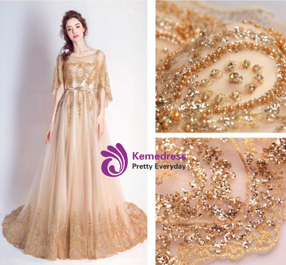 In Stock:Ship in 48 hours Gold Lace Backless Wedding Dress