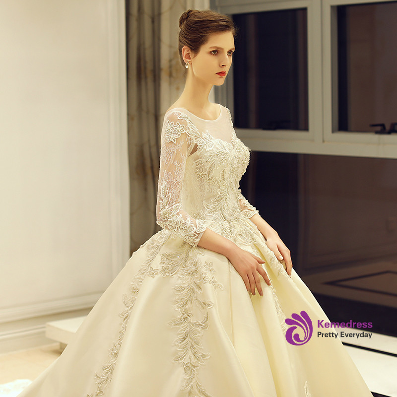 Ball Gown Beige Long Sleeve Satin Backless Appliques Wedding Dress