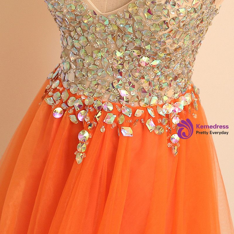 Orange Mini Tulle Crystal Prom Dress