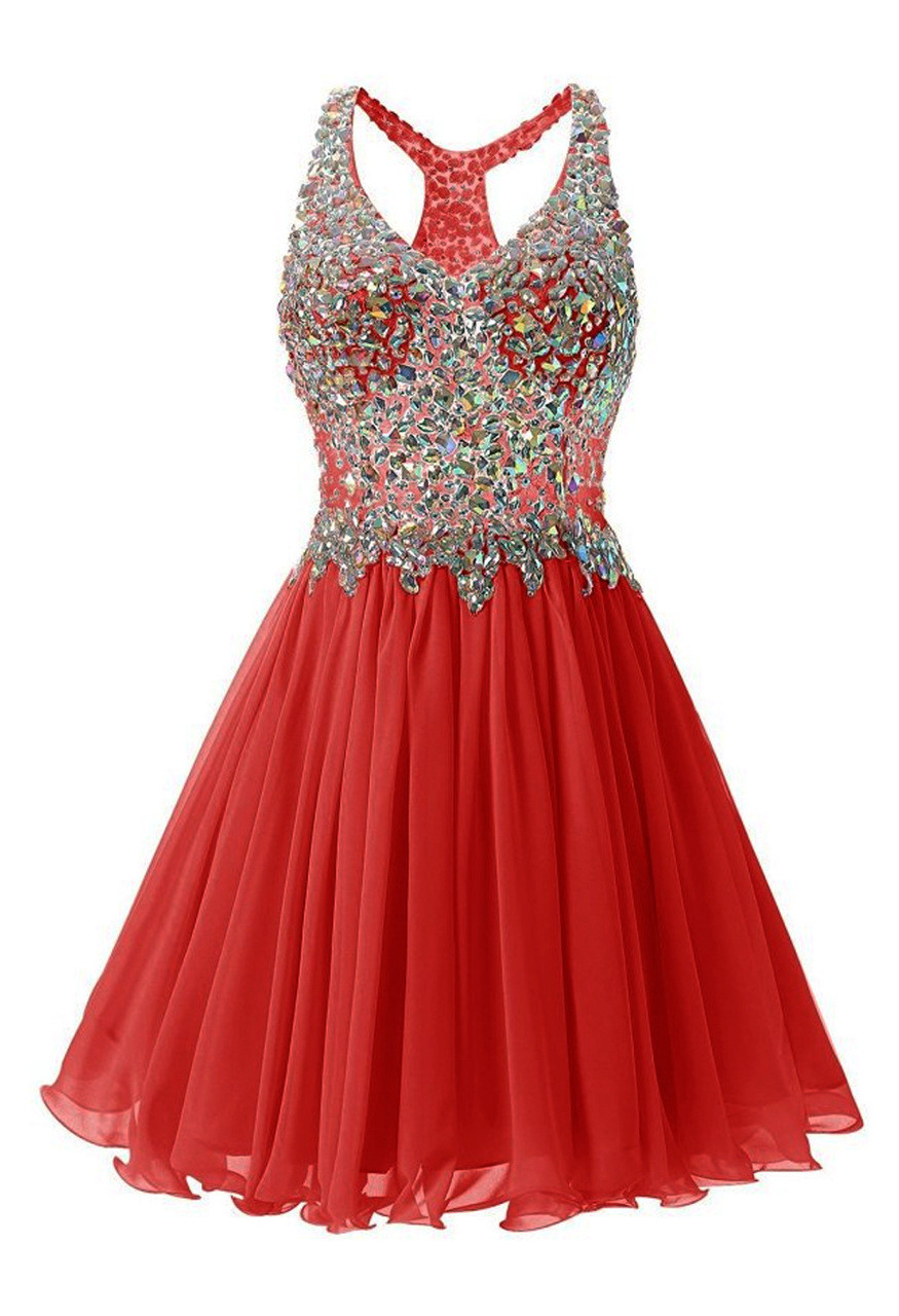 In Stock:Ship in 48 hours Red Deep V-neck Backless Prom Dress