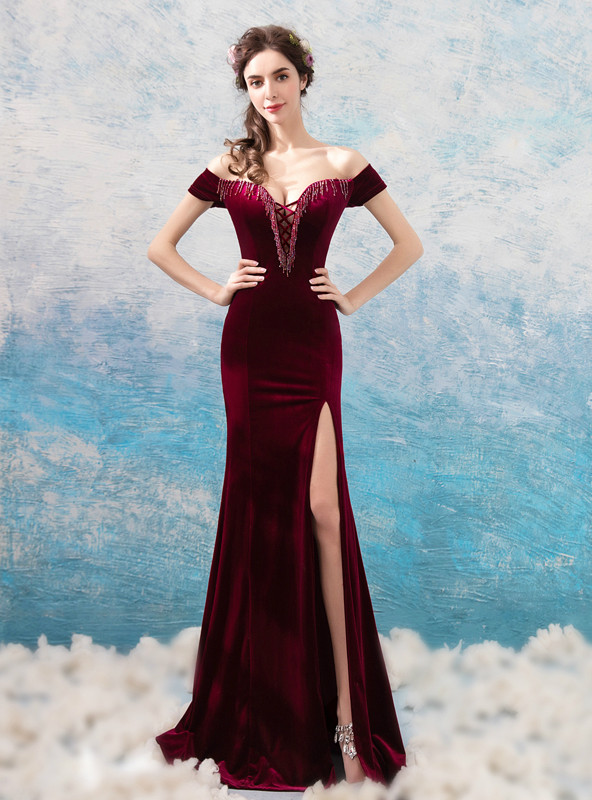In Stock:Ship in 48 Hours Red Velvet Off the Shoulder Prom Dress