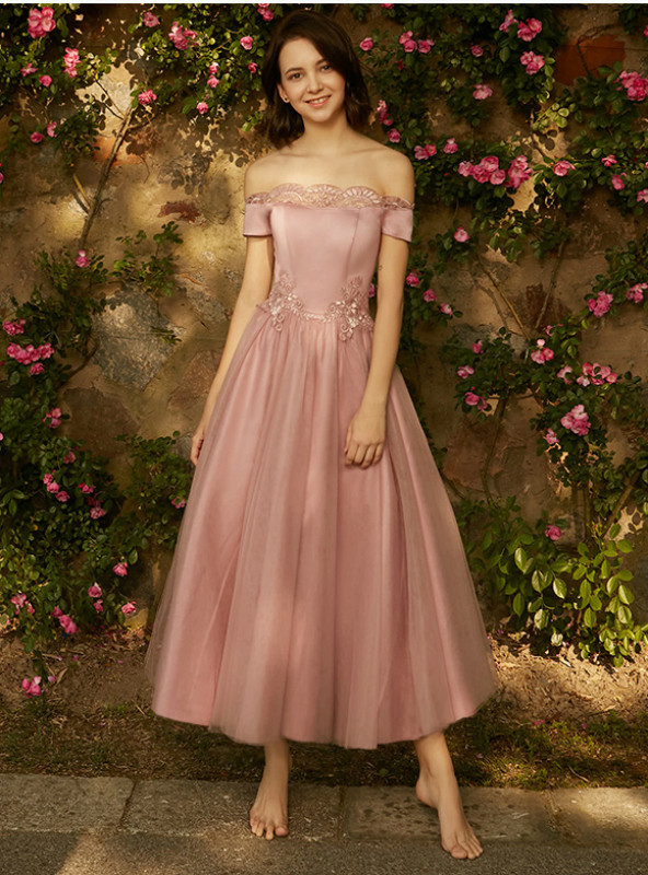 Pink Off the Shoulder Appliques Rococo Baroque Dress