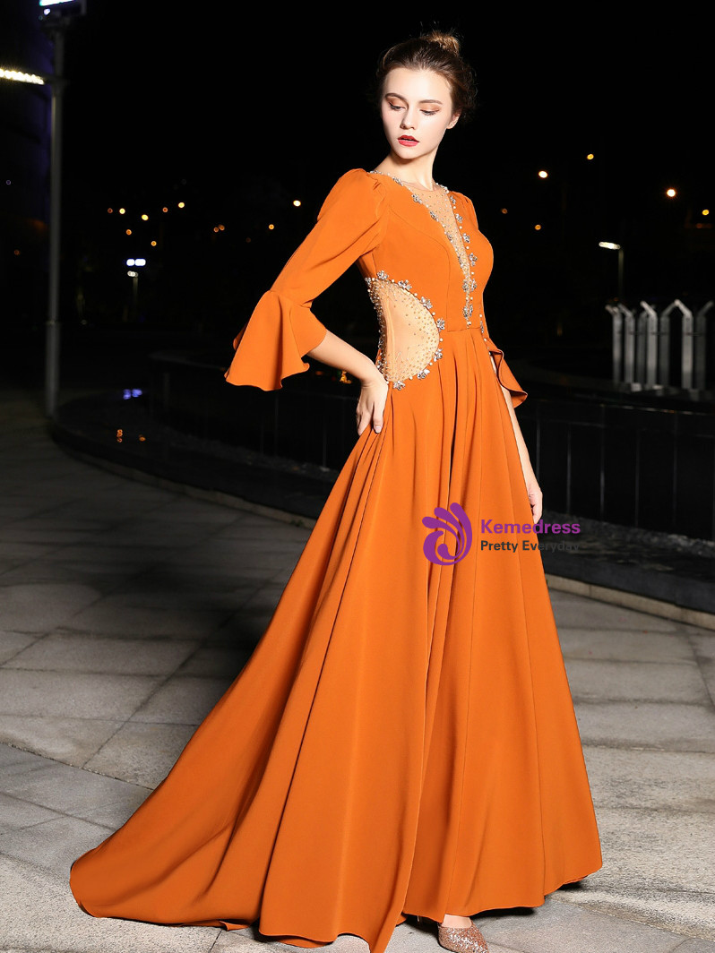 A-line Orange Satin 3/4 Sleeve Deep V-neck With Beading Prom Dress