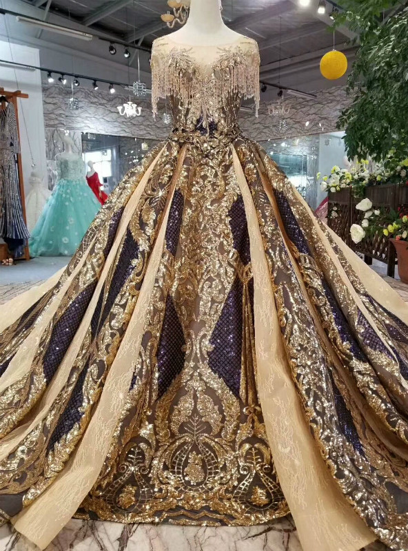 Gold Ball Gown Sequins Backless Cap Sleeve Beading Crystal Wedding ...