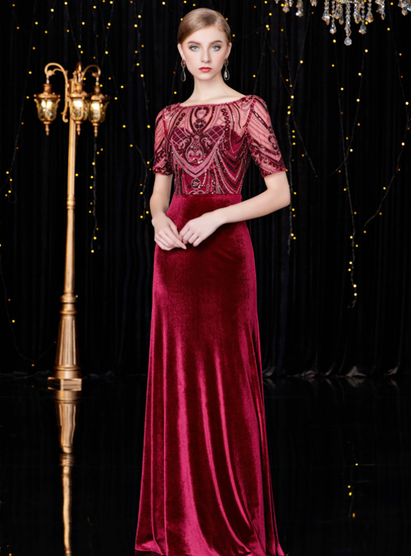 Sheath Burgundy Velvet Short Sleeve Long Mother Of The Bride Dress With ...