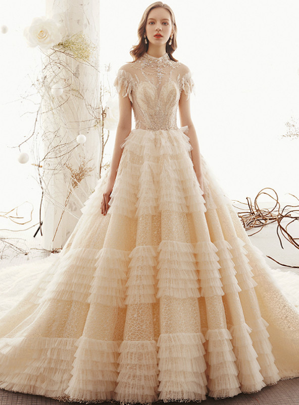 Ball Gown Tulle High Neck Beading Wedding Dress