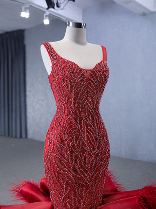 Burgundy Mermaid Straps Beading Feather Prom Dress