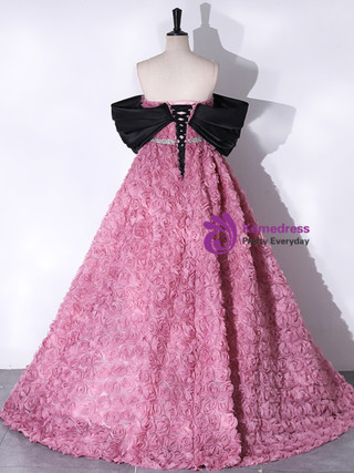 Pink Rose Flower Strapless Prom Dress