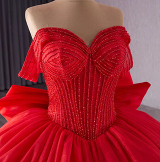 Red Tulle Strapless Pearls Prom Dress With Bow