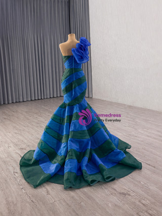 Green Blue Mermaid One Shoulder Pleats Appliques Prom Dress
