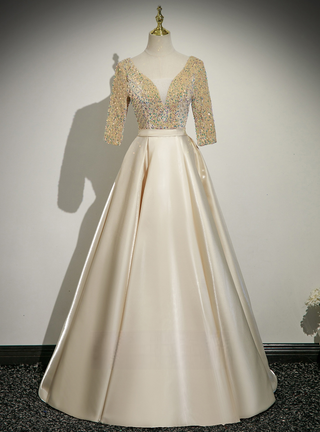 Champagne Sequins Caramel Satin Prom Dress