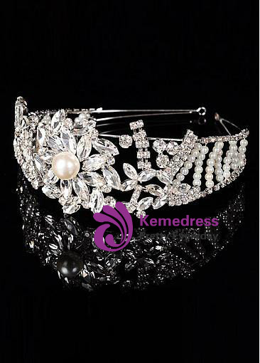 In Stock Sparkling Silver-plated Alloy Tiara With Rhinestones & Pearls