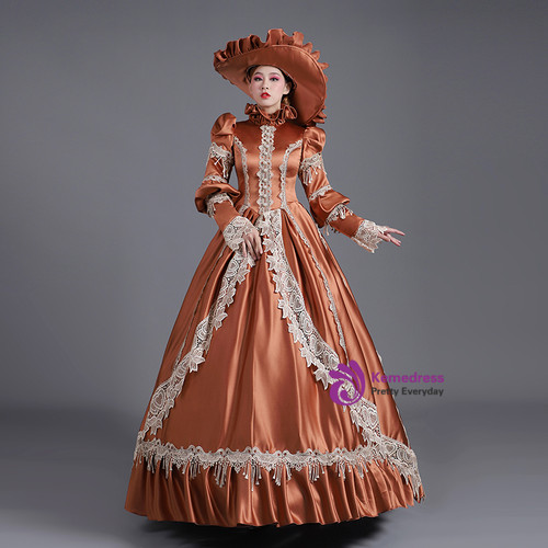 Coffee Satin Lace High Neck Long Sleeve Rococo Baroque Dress