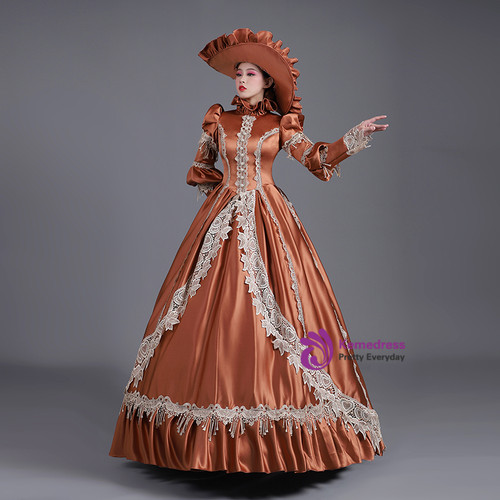 Coffee Satin Lace High Neck Long Sleeve Rococo Baroque Dress