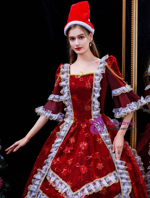 Burgundy Satin Lace Short Sleeve Rococo Baroque Dress