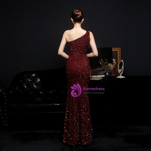 In Stockship In 48 Hours Burgundy Sequins Beading One Shoulder Party Dress