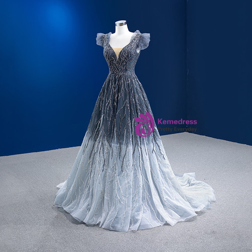 Gradation Gray Tulle V-neck Beading Prom Dress