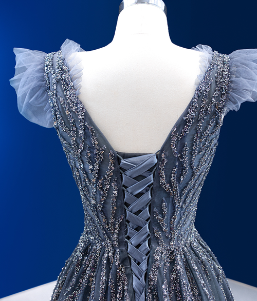 Gradation Gray Tulle V-neck Beading Prom Dress