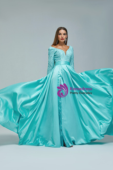 Blue Satin V-neck Long Sleeve Prom Dress