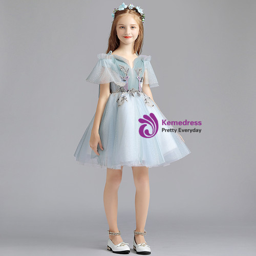 Gray Tulle Sequins Embroidery Appliques Flower Girl Dress