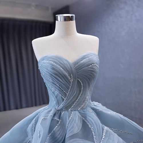 Blue Gray Tulle Sweetheart Pleats Prom Dress