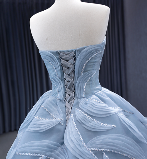 Blue Gray Tulle Sweetheart Pleats Prom Dress
