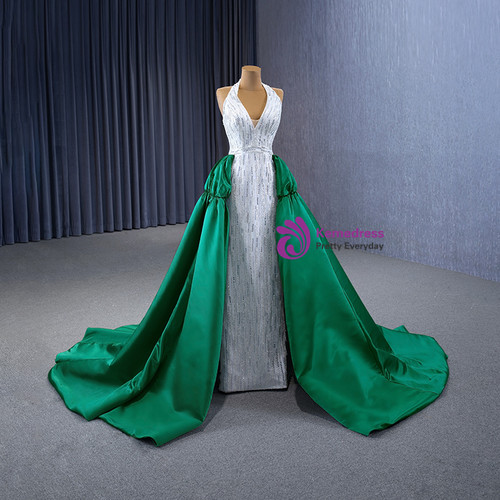 White V Neck Sequins Beading Green Satin Prom Dress
