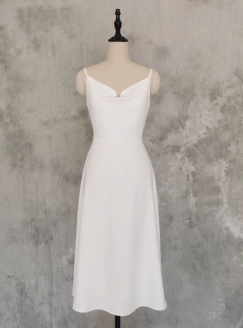 Simple White Satin Spaghetti Straps Short Wedding Dress