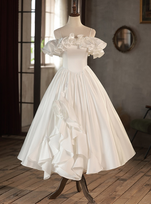 Simple White Satin Spaghetti Straps Short Wedding Dress