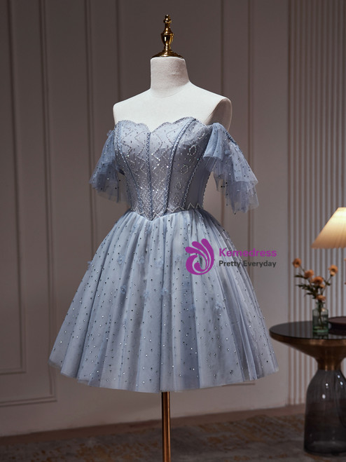 Blue Gray Tulle Beading Homecoming Dress