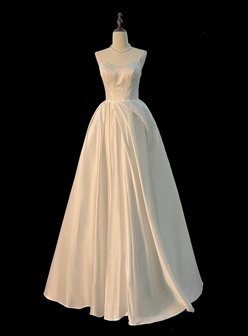 Simple White Satin Spaghetti Straps Short Wedding Dress